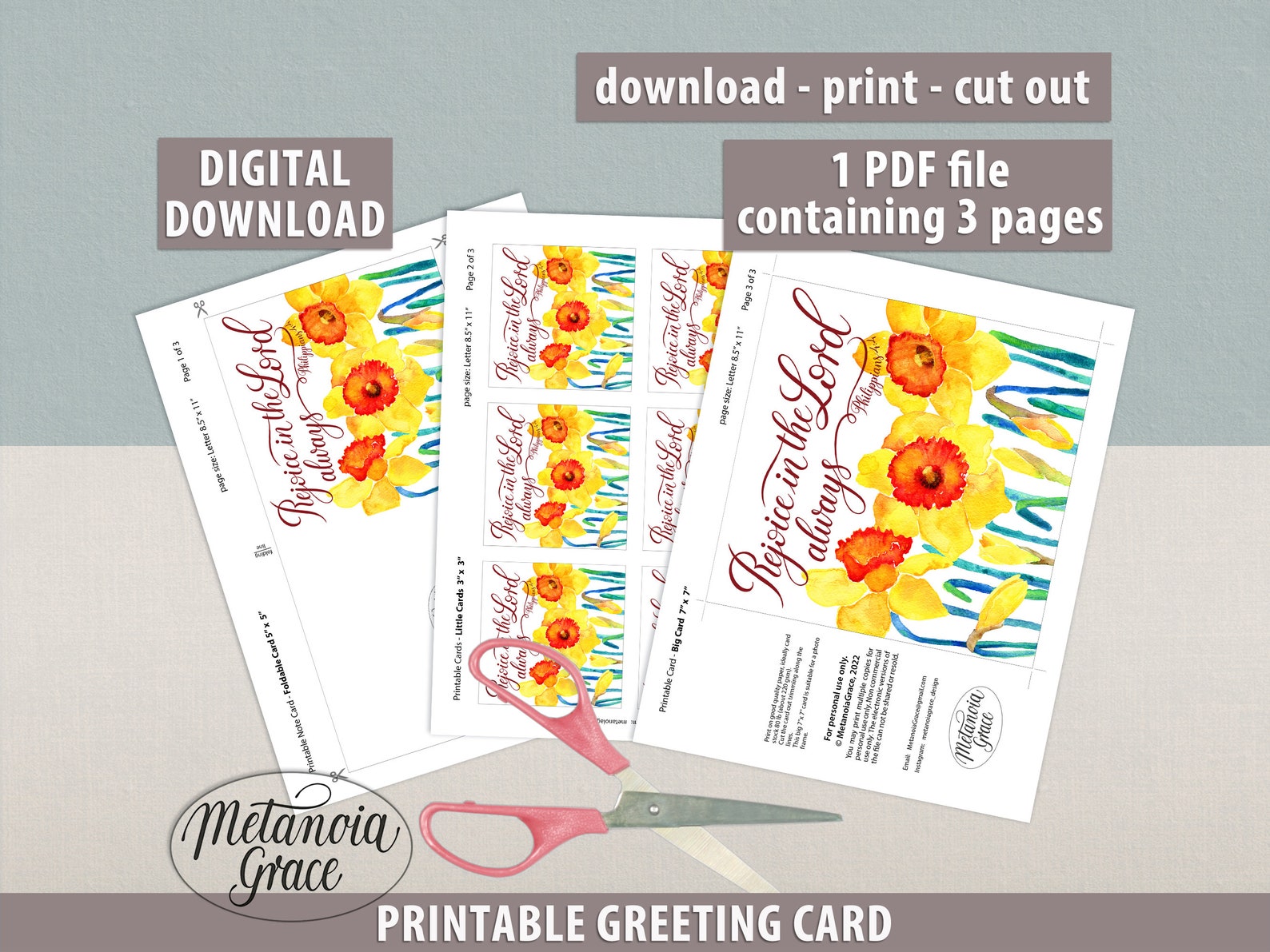 Rejoice in the Lord, Philippians 4:4, Printable Bible Verse Note Card ...