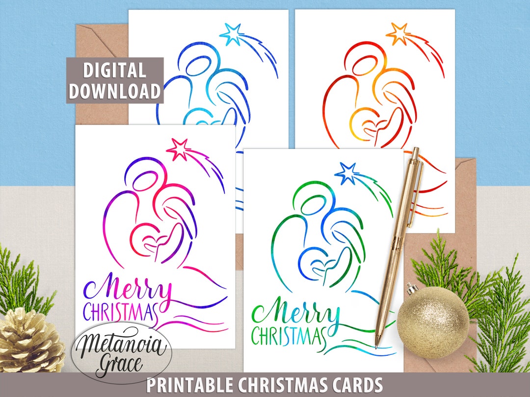 Printable Christian Christmas Cards Set of 4, Religious Christmas Cards ...