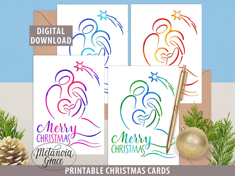 Printable Christian Christmas Cards Set of 4, Religious Christmas Cards ...