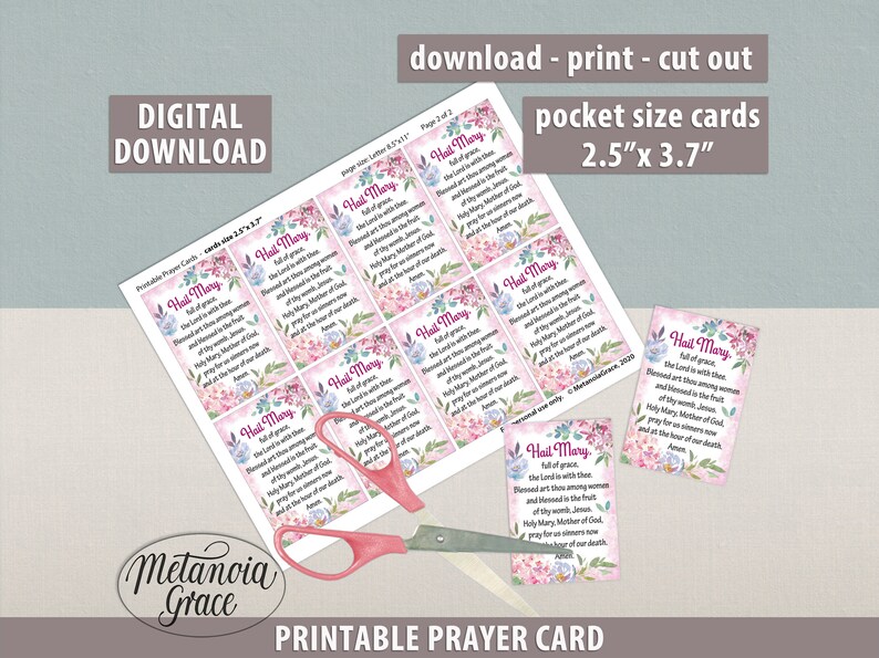 Hail Mary Prayer Card, Printable Our Lady Prayer, Rosary Prayer, Holy ...