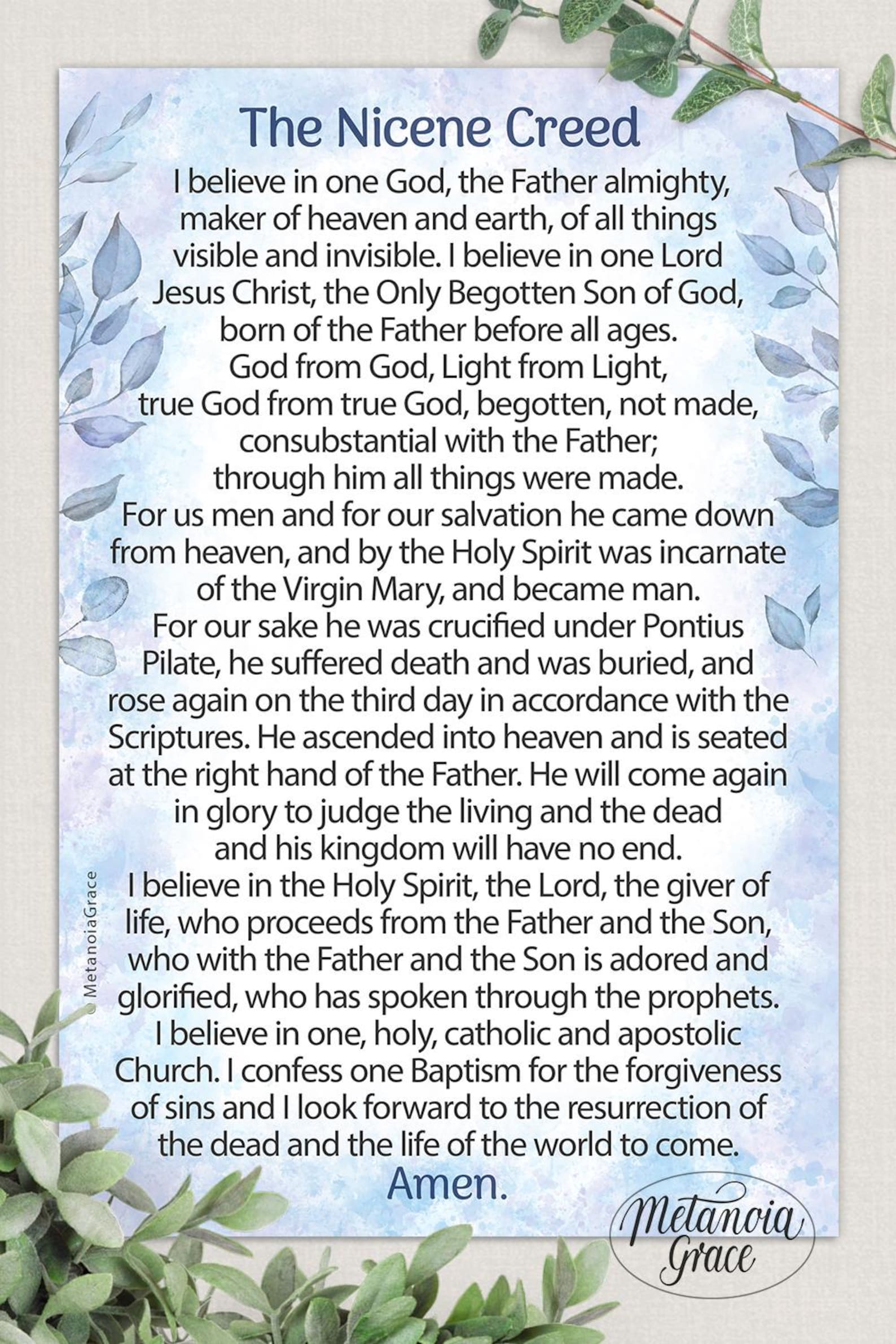 The Nicene Creed, Printable Creed Prayer Card, I Believe in One God ...