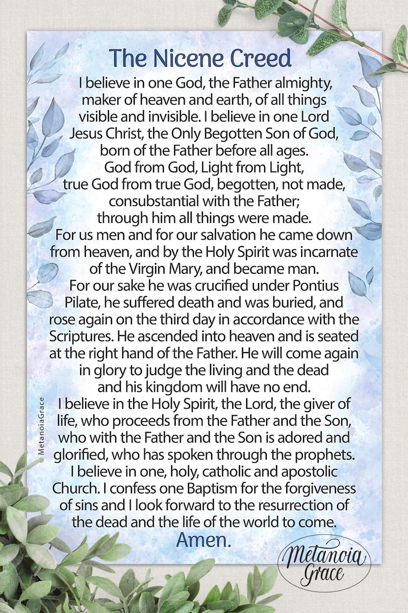 The Nicene Creed, Printable Creed Prayer Card, I Believe in One God ...