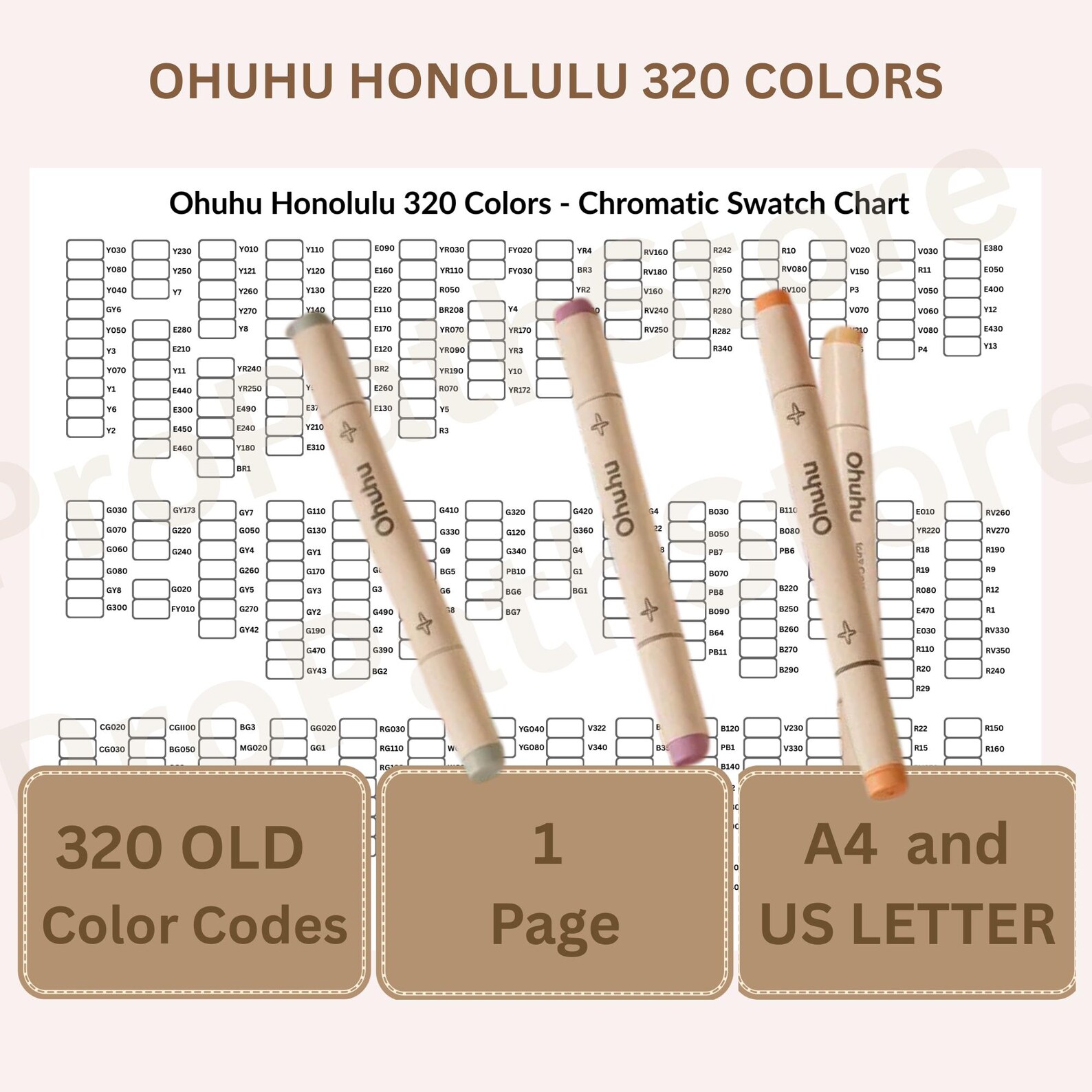 Ohuhu Honolulu 320 Marker Swatch Chart: Color Palette Guide (PDF ...