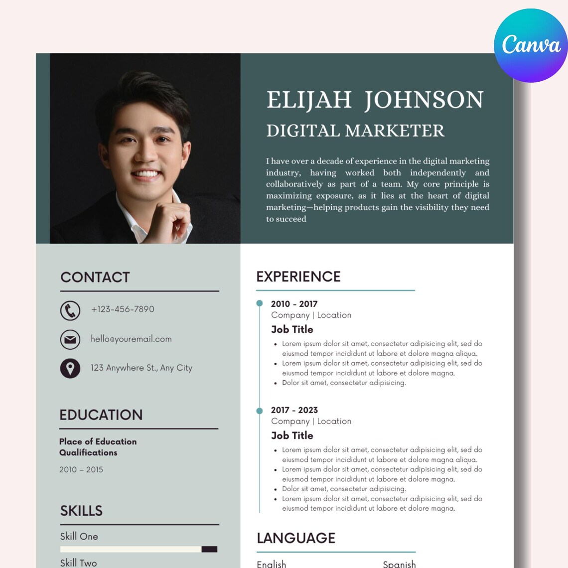 Creative Resume Template, Resume CV Template Canva, Professional Resume ...