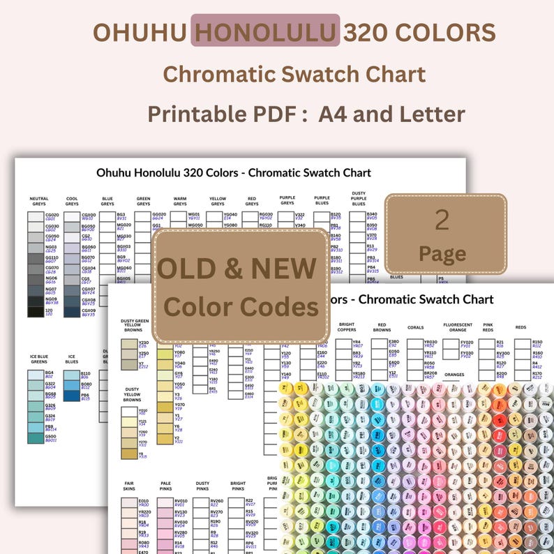 Ohuhu Honolulu 320 Marker Swatch Chart: Old & New Codes (PDF) 2 Pages ...