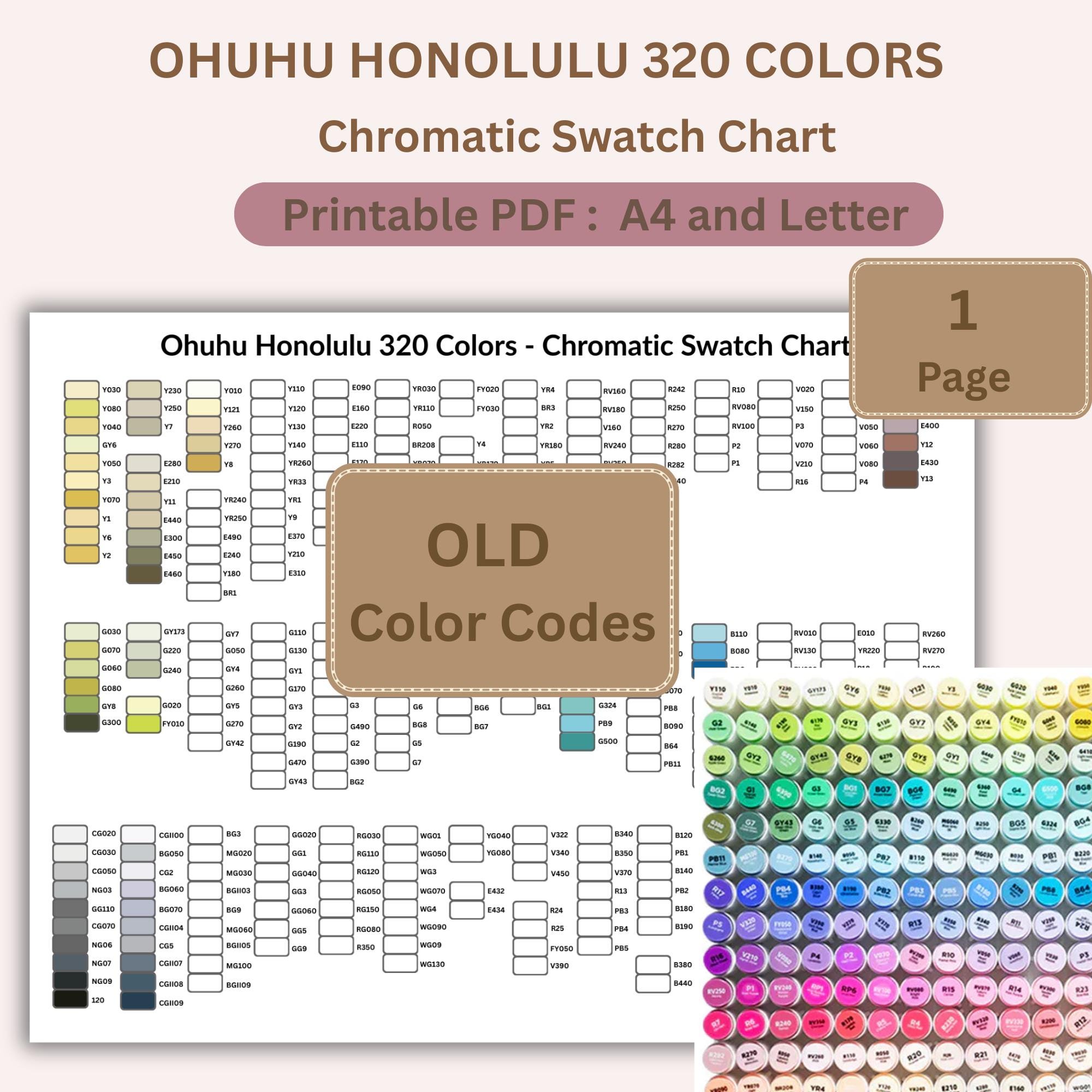 Ohuhu Honolulu 320 Marker Swatch Chart: Color Palette Guide (PDF ...