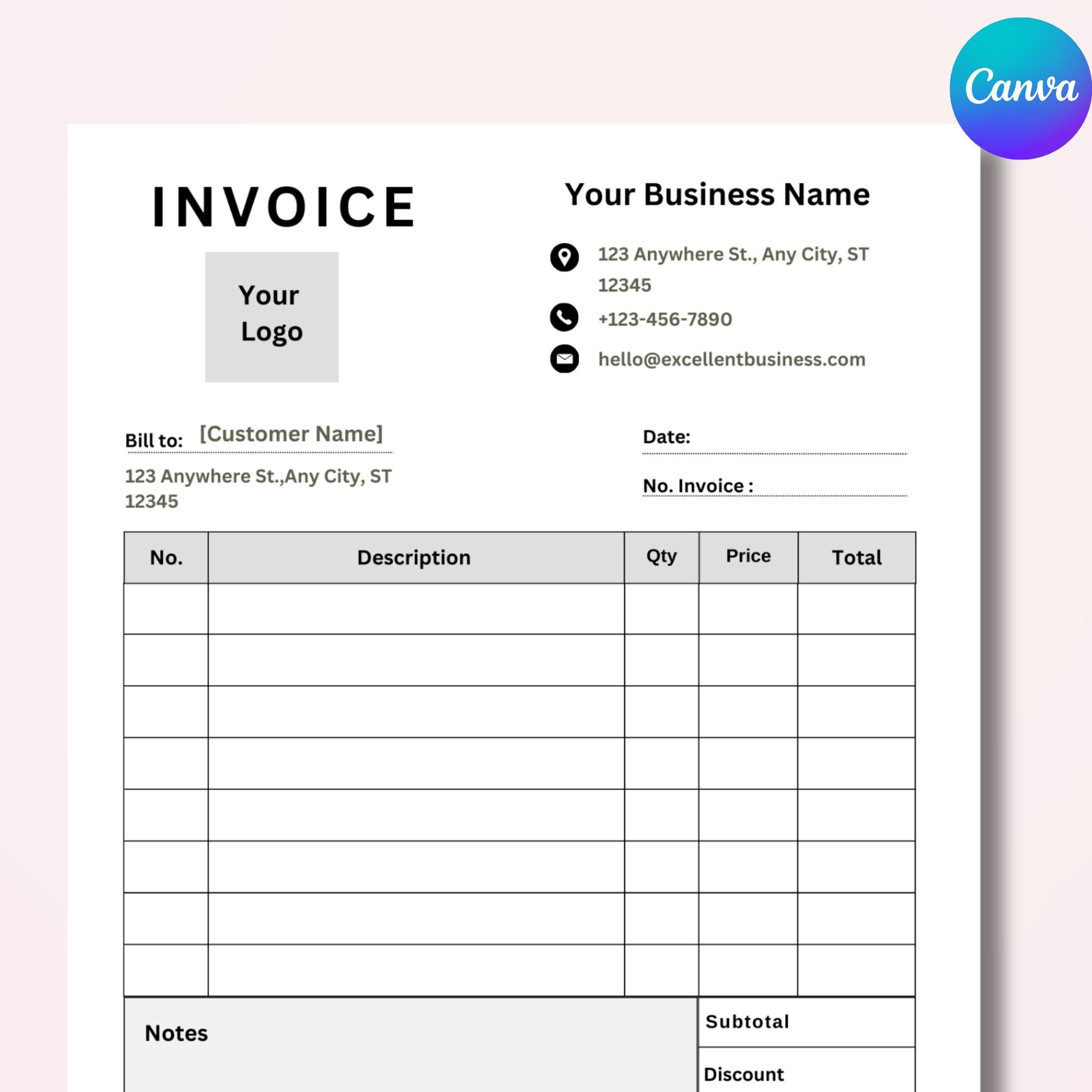Editable Invoice Template, Professional Business Invoice, Canva ...