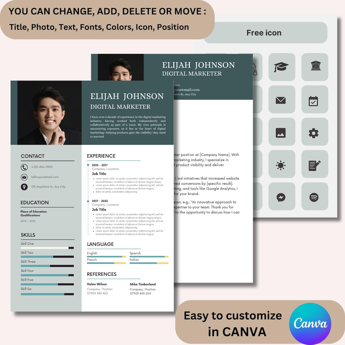 Creative Resume Template, Resume CV Template Canva, Professional Resume ...