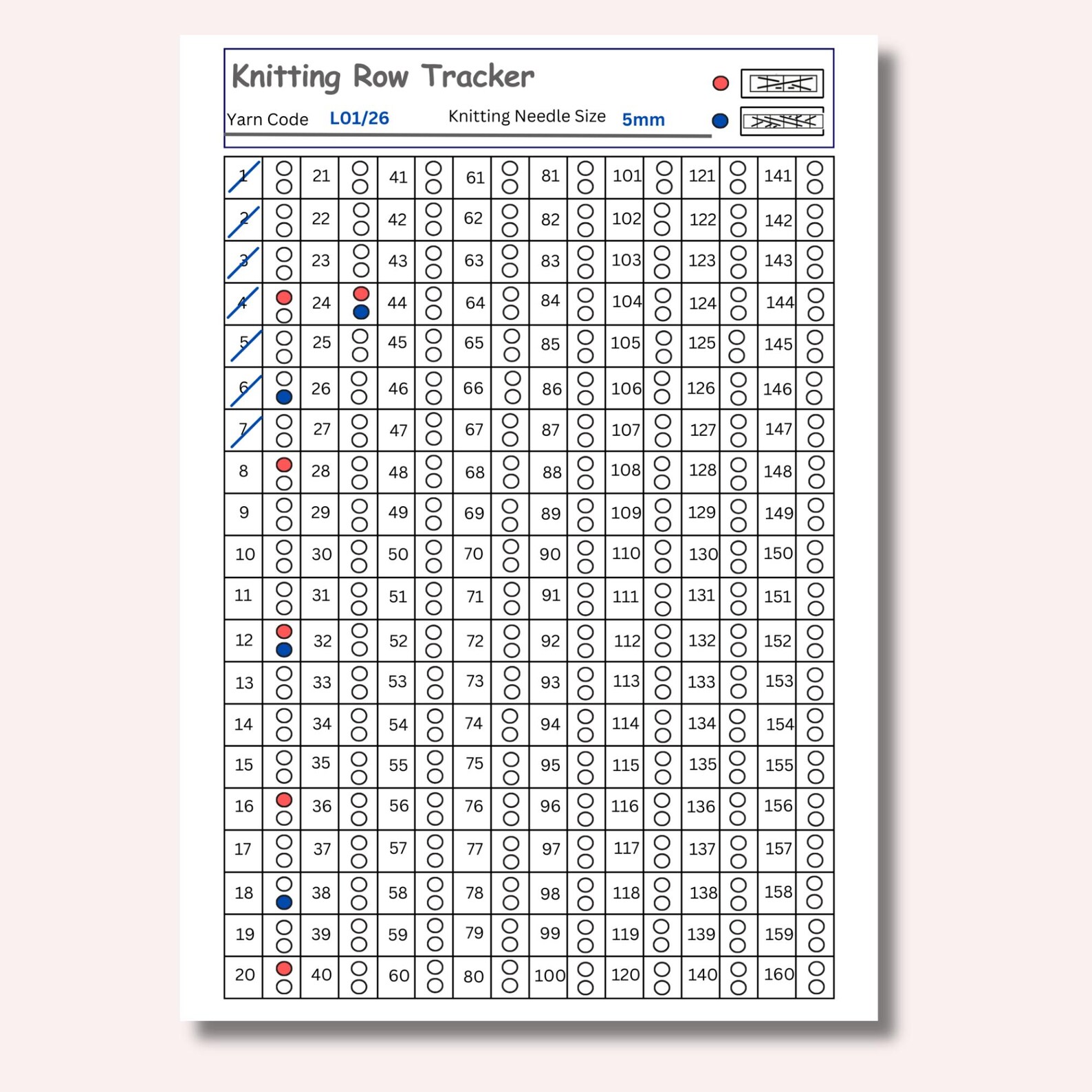 Knitting Row Tracker Printable Up To 320 Rows Pdf Pattern Etsy