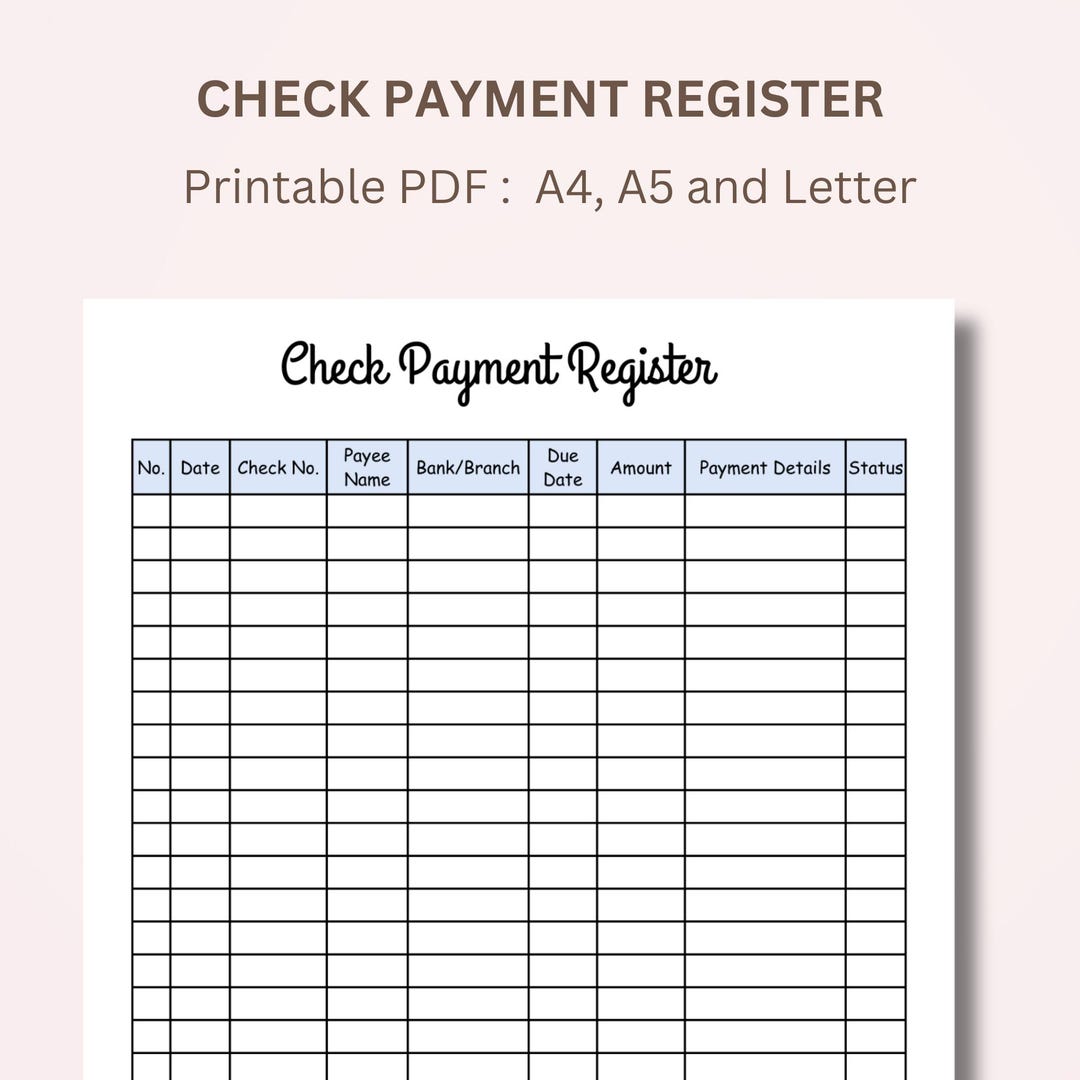 Check Payment Register, Checkbook Register Printable, Instant Digital ...