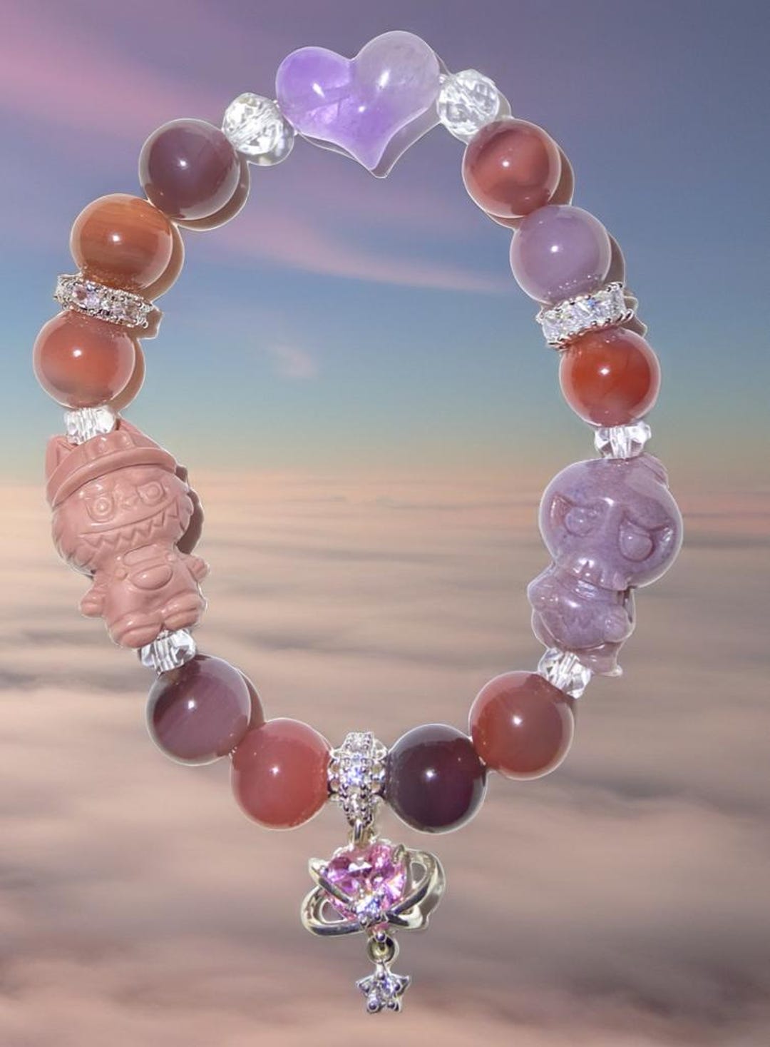 10mm Handmade Pink Agate Bracelet: Labubu, Skull, Amethyst, Zirconia - Etsy