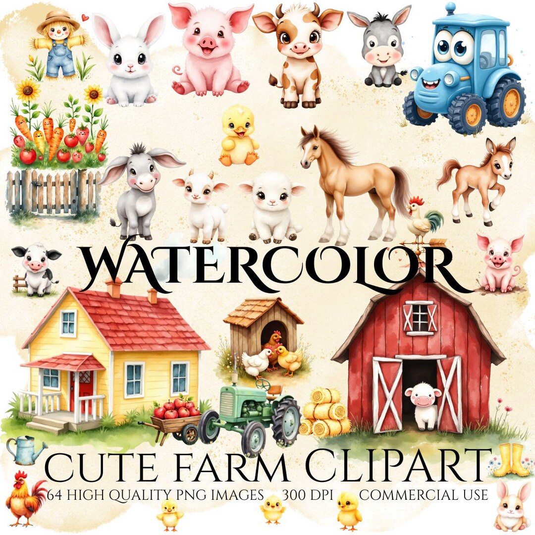 Watercolor Cute Farm Clipart, Cute Farm Animal PNG Bundle, Watercolor ...