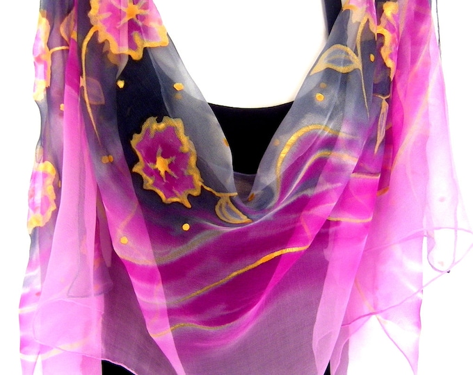 Silk Scarf, Hand Painted Silk Scarf, Pink Gray Gold, Floral Chiffon ...
