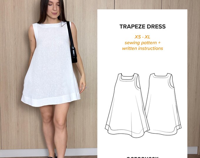 Button-front Trapeze Dress Sewing Pattern (PDF) | Sleeveless Mini ...