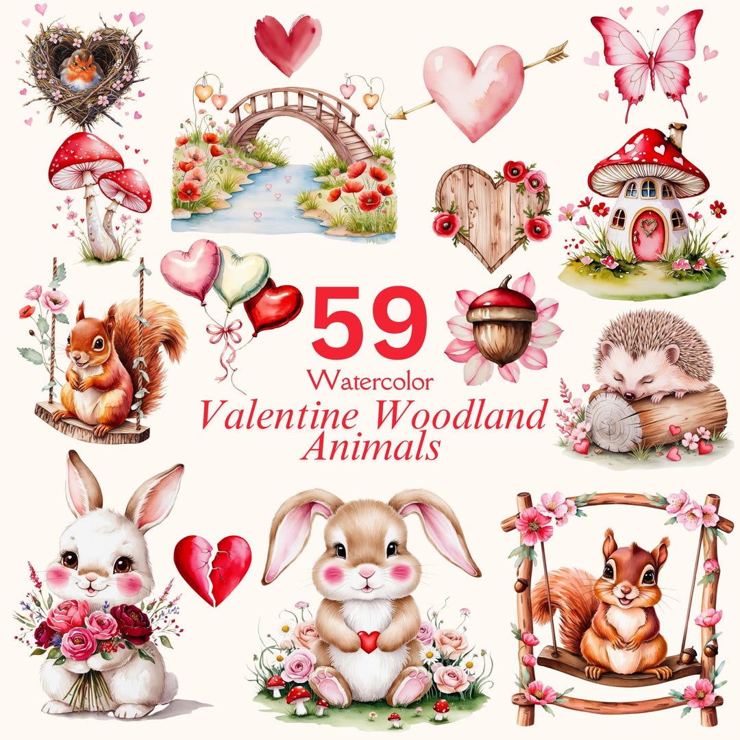 Watercolor Valentines Day Clipart, Baby Animals, Romantic Clip Art ...