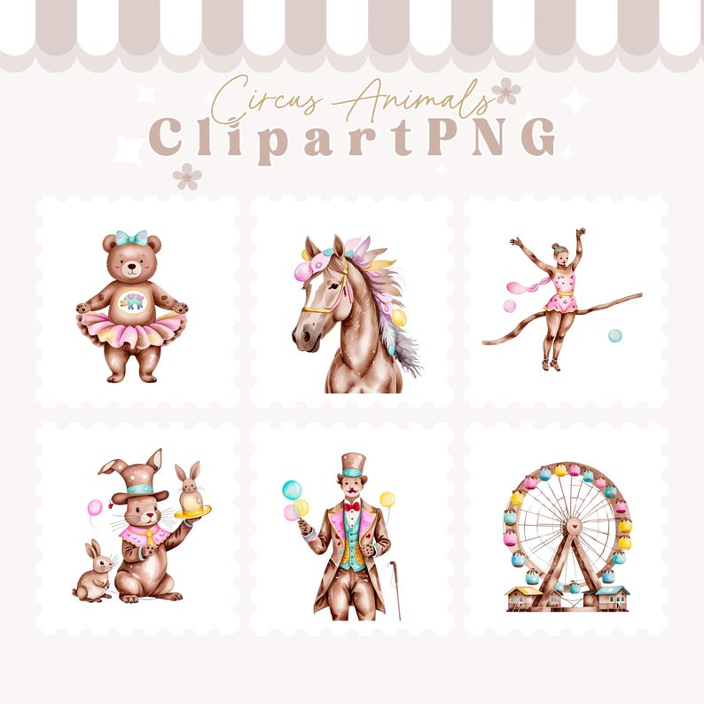Vintage Watercolor Circus Animals Clipart, Cute Pastel Carnival ...