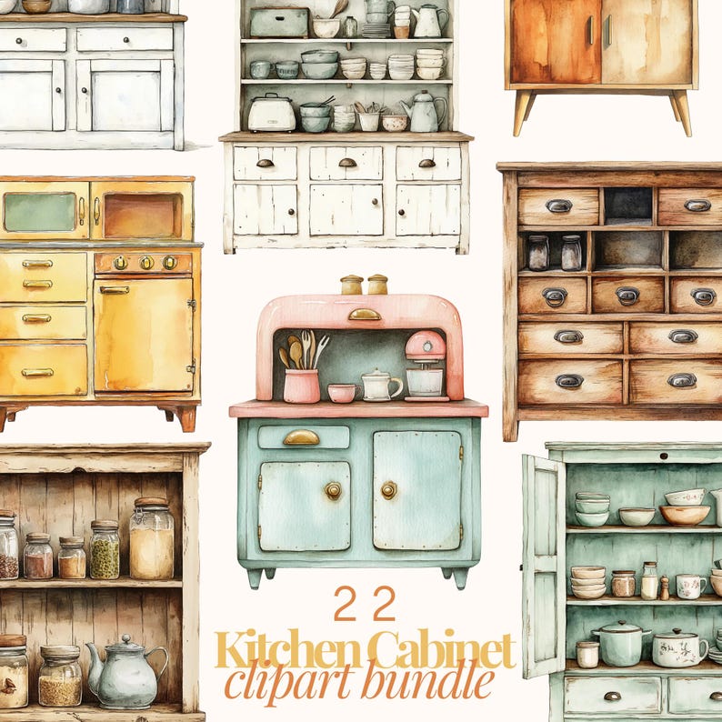 Kitchen Cabinet Clipart Shabby Chic Green Country Kitchen Digital ...