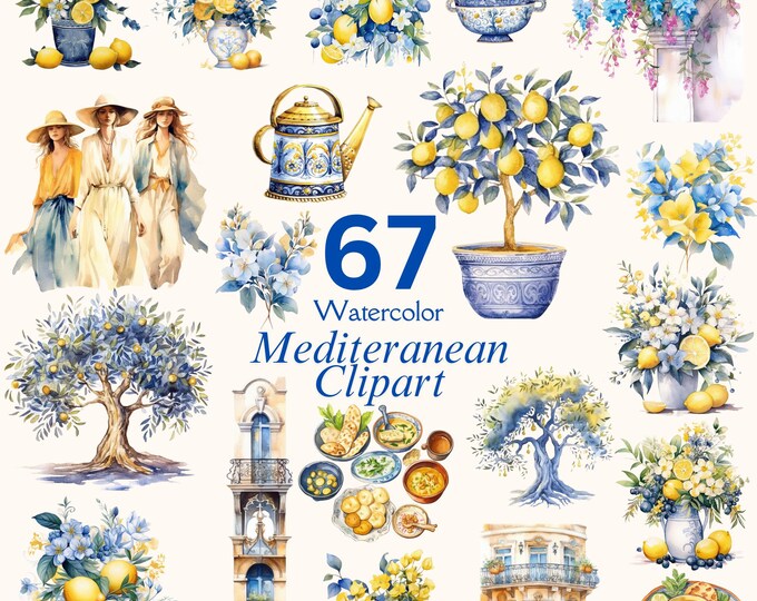 Mediterranean Tile, Watercolor Lemons Clipart, Portuguese Azulejo ...