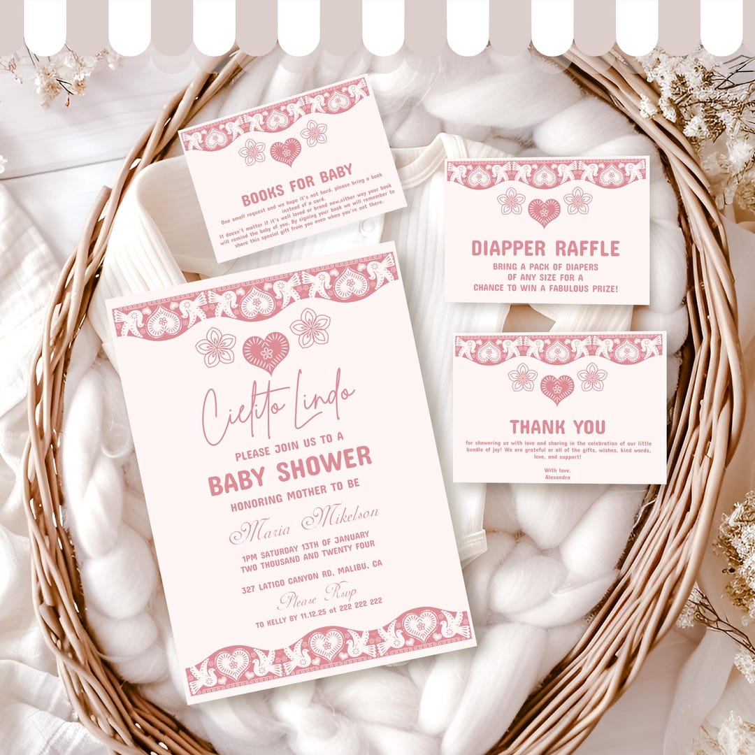 Custom Pink Cielito Lindo Baby Shower Invitation Set, Editable Mexican ...
