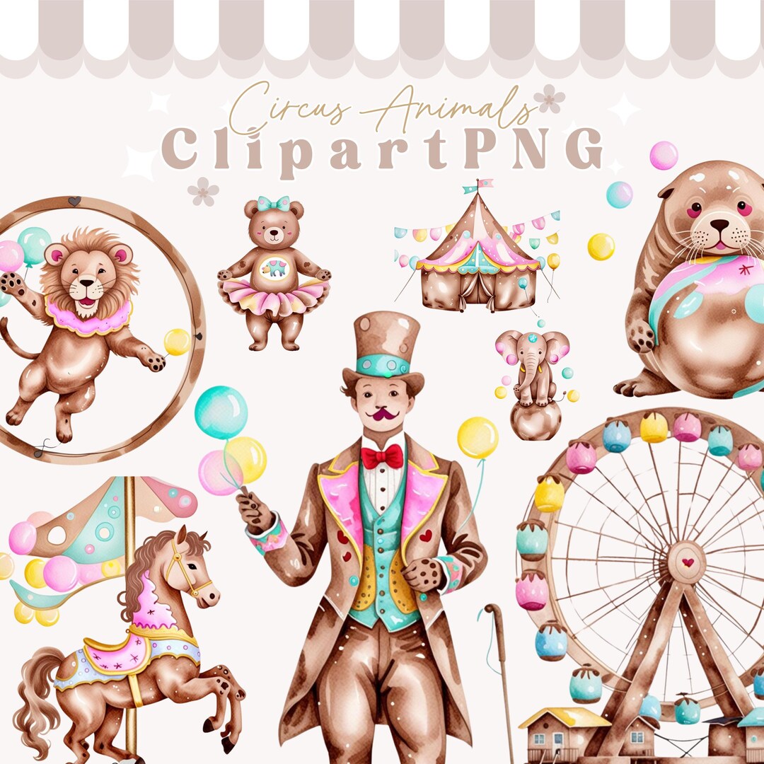 Vintage Watercolor Circus Animals Clipart, Cute Pastel Carnival ...