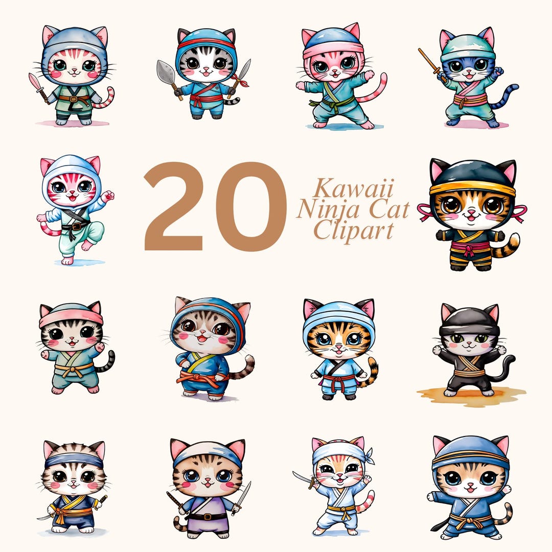 Ninja Cat Clipart Bundle, Shinobi Cat Png,anime Cat Designs for Digital ...