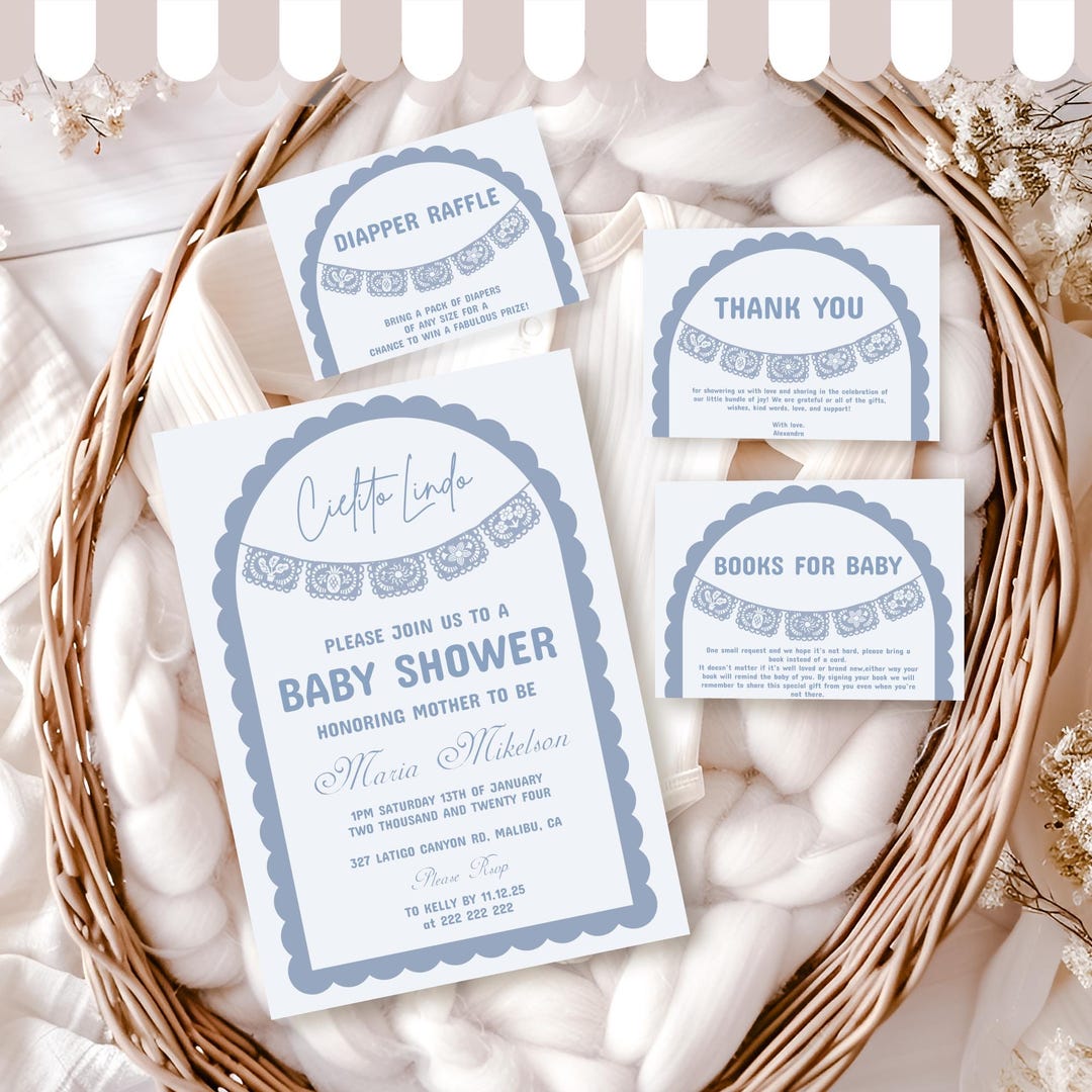 Custom Blue Cielito Lindo Baby Shower Invitation Set, Editable Mexican ...