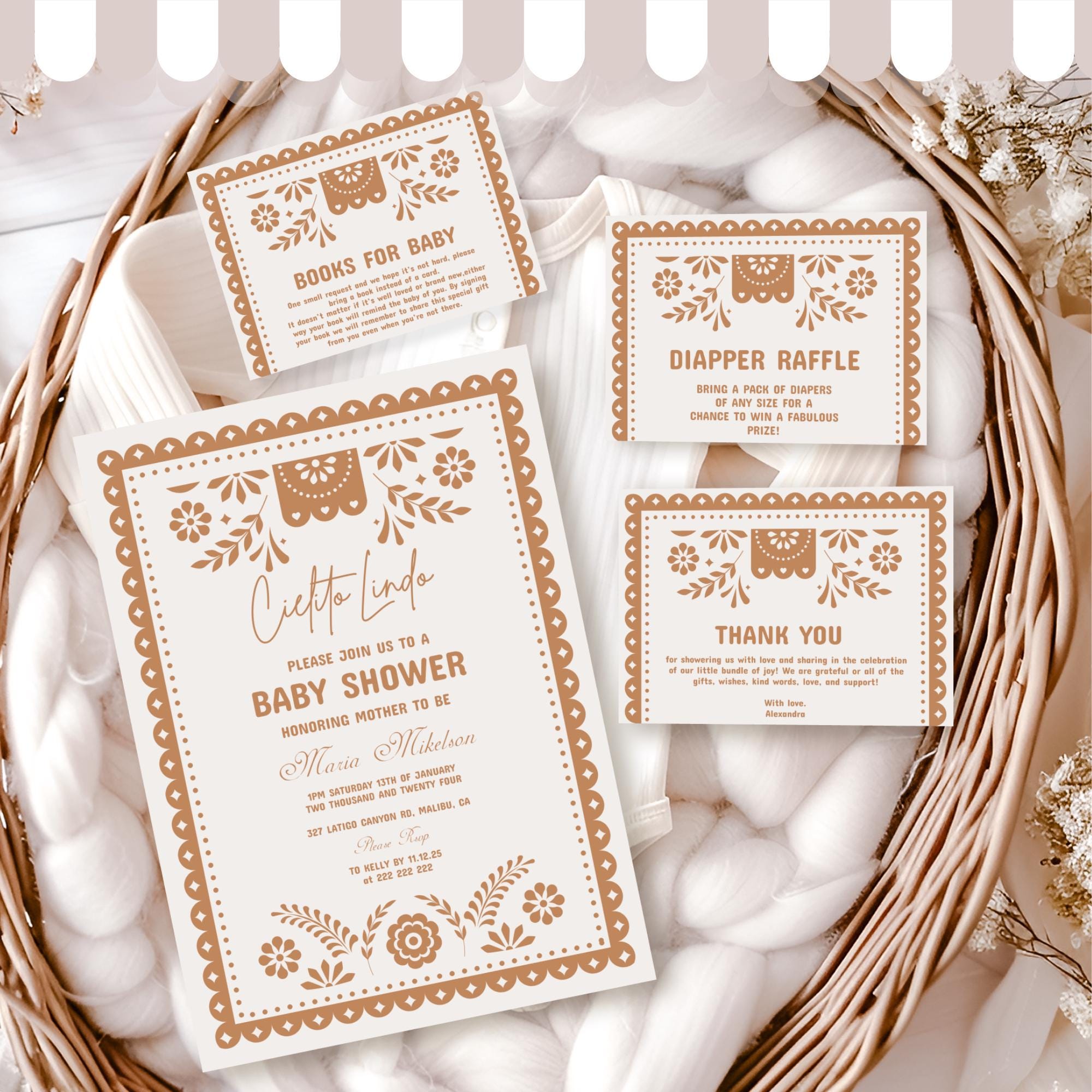 Brown Cielito Lindo Baby Shower Invitation Set, Editable Mexican Theme ...