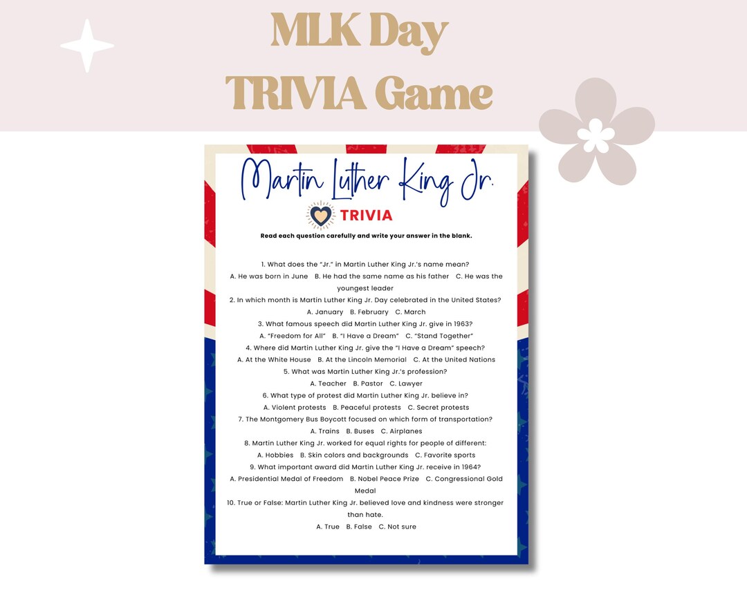 Custom Martin Luther King Trivia Game for Kids and Adults (printable ...