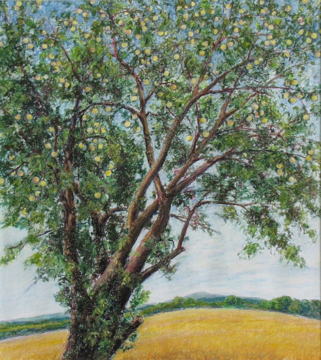 Oil Pastel Painting on Paper, Tree Painting, Landscape Painting, Apple ...