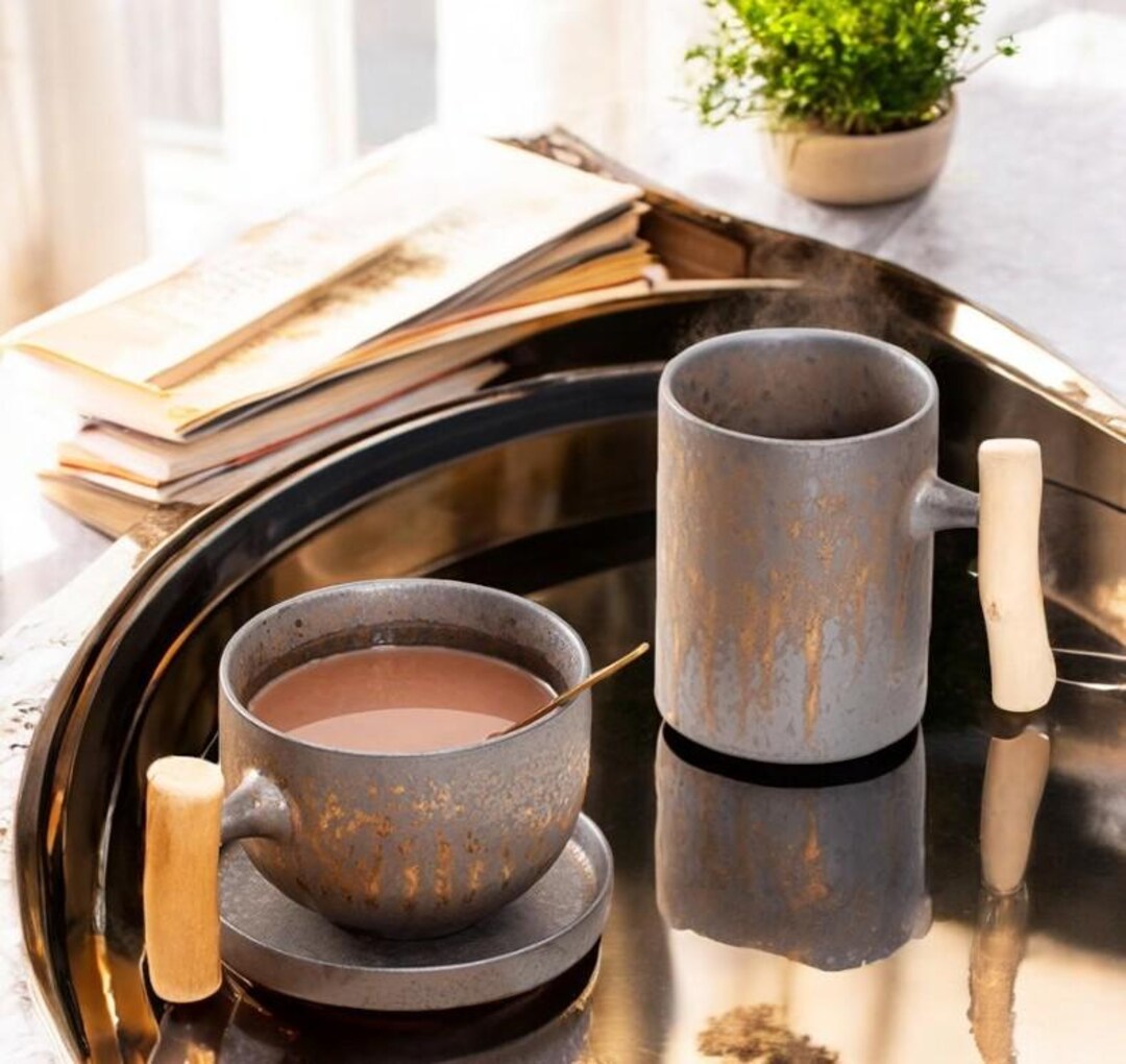 Vintage Ceramic Mug With Wooden Handle Rustic Stoneware Coffee Cup ...
