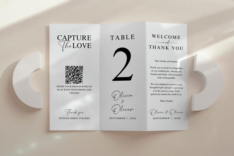 Wedding Trifold Table Number Template, Modern Table Number Sign, Capture the Love QR Code Sign ...