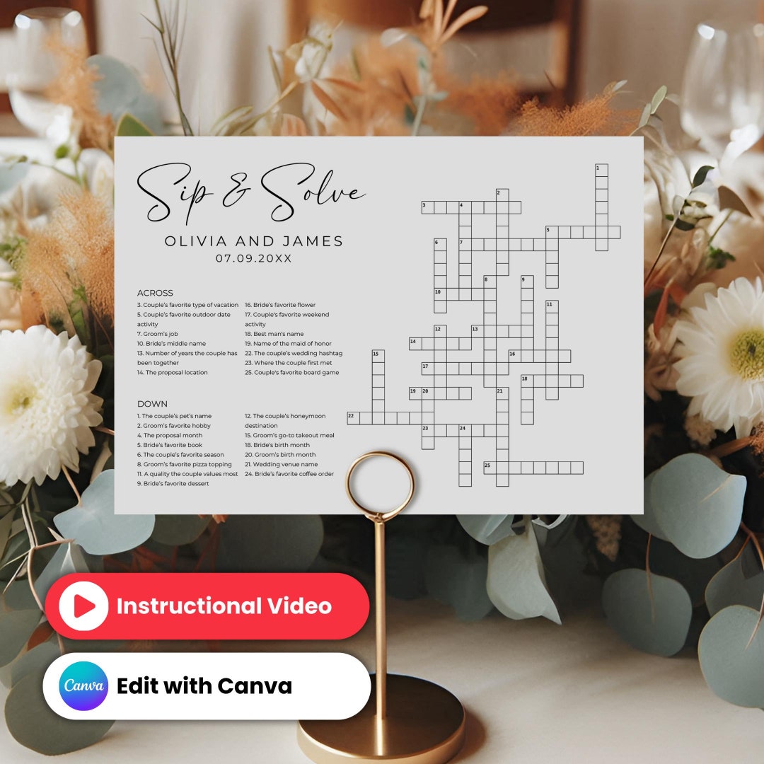 Custom Wedding Crossword Puzzle Template, Sip and Solve Wedding ...