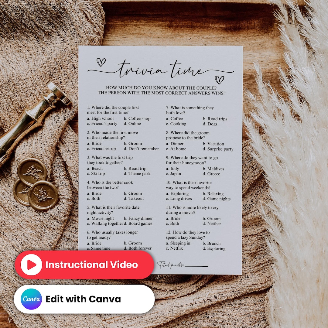 Trivia Game for Bride and Groom, Bridal Shower Game Template, Wedding ...