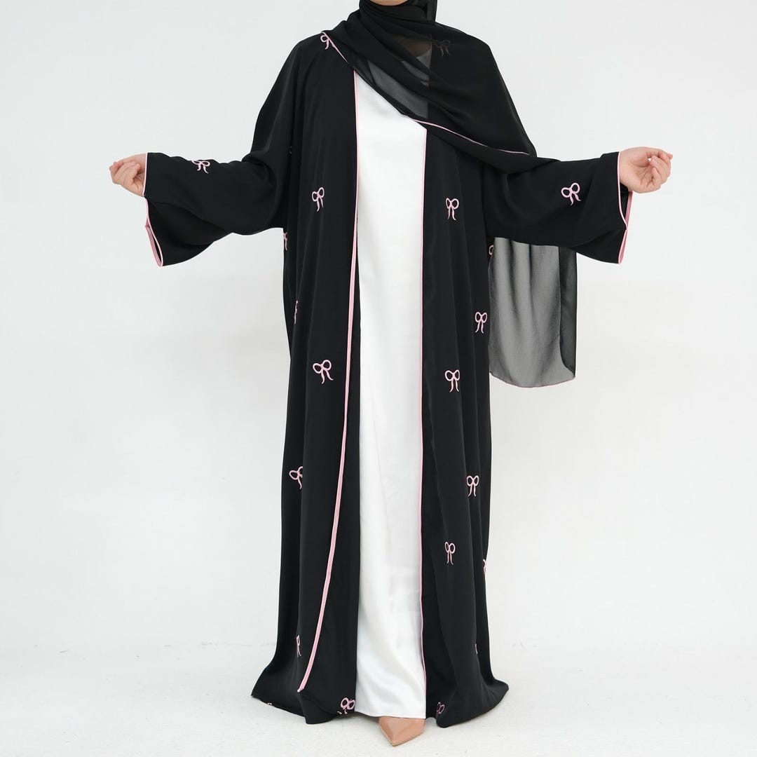 Abaya Coquette Ribbon, Modern Islamic Dress for Women, Black Open Abaya ...