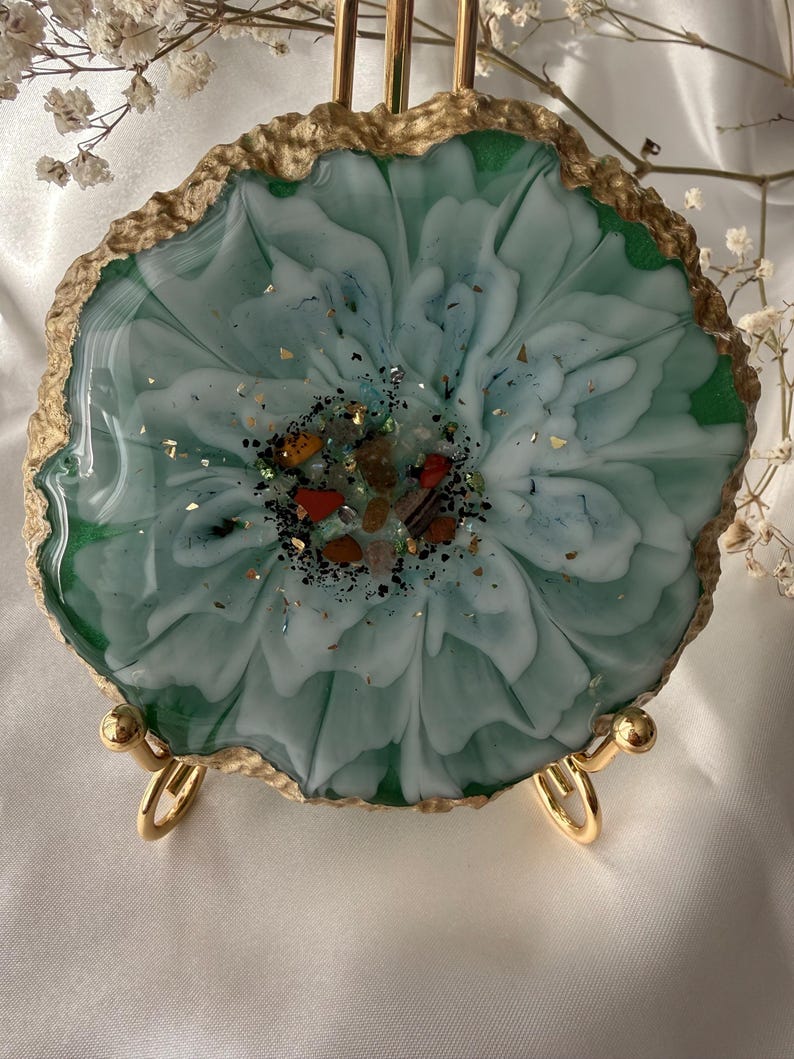 Handmade Resin Coaster With Crystals, Hand Painted Flower in Green ...