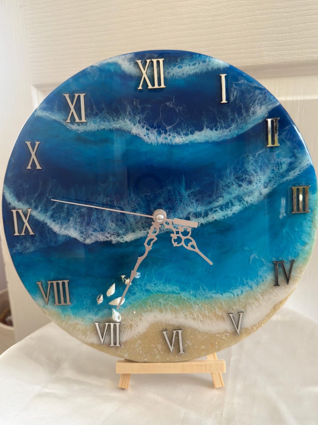 Handmade Ocean Beach Wall Clock 30cm, Epoxy Resin, White and Blue ...