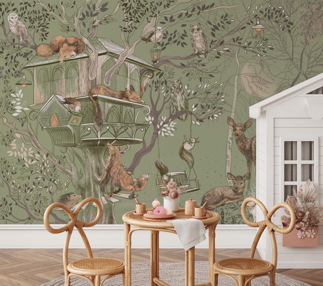 Happy Forest Animals Nursery Wallpaper, Kids Wallpaper Peel and Stick ...