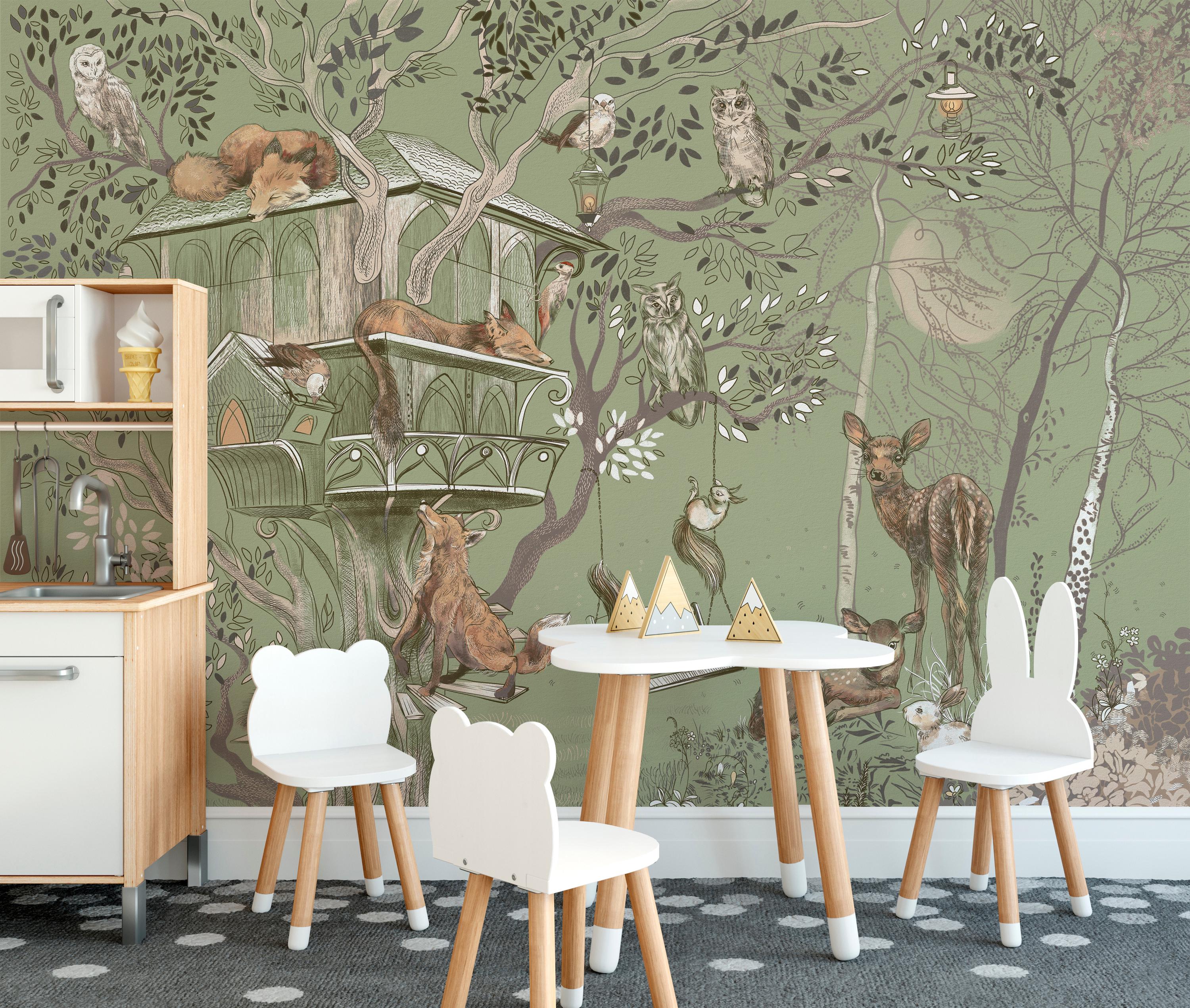 Happy Forest Animals Nursery Wallpaper, Kids Wallpaper Peel and Stick ...