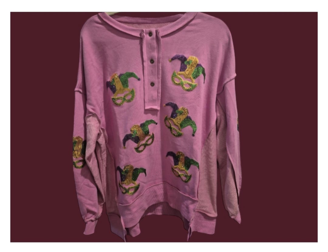 Sassy Tacky Pink Purple Long Sleeve Sequin Mardi Gras Mask Top Blouse ...