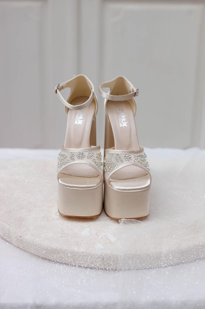 Handmade Satin Bridal Platform Heels: Crystal Embellished Wedding Shoes ...