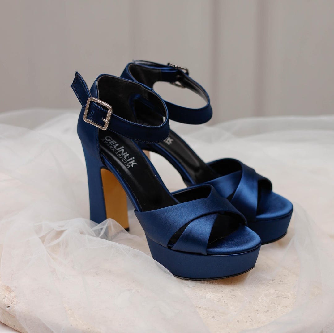Navy Blue Satin High Heel Bridal Shoes – 13 Cm Platform Heels – Elegant ...