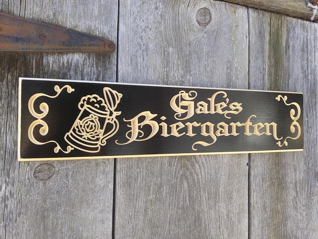 CUSTOM Carved Biergarten Sign Black With Natural Lettering Beer Sign ...