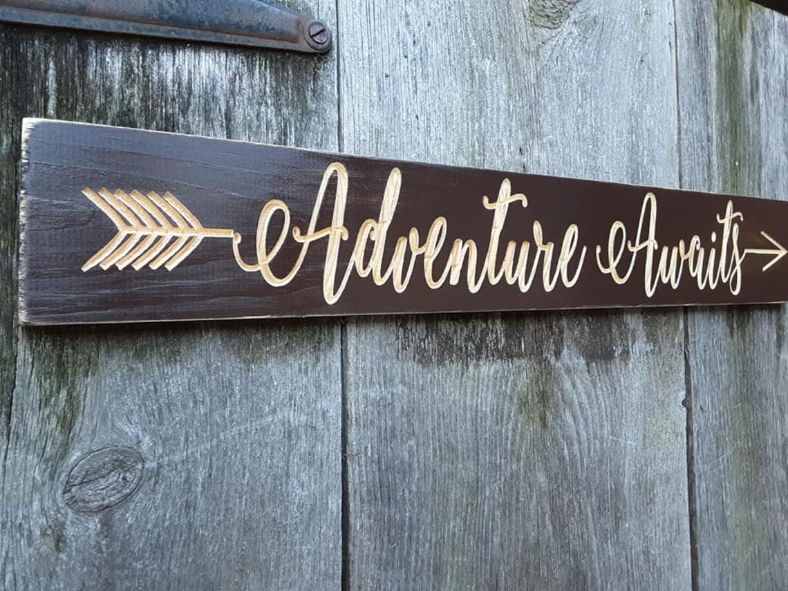 Routed Carved Engraved Adventure Awaits Sign Brown With Natural ...