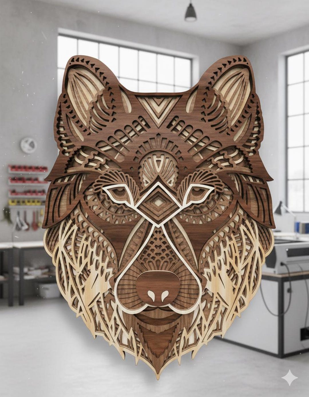 3D Layered Wood Wolf Wall Art - Geometric Timber Wolf Mandala - Laser ...