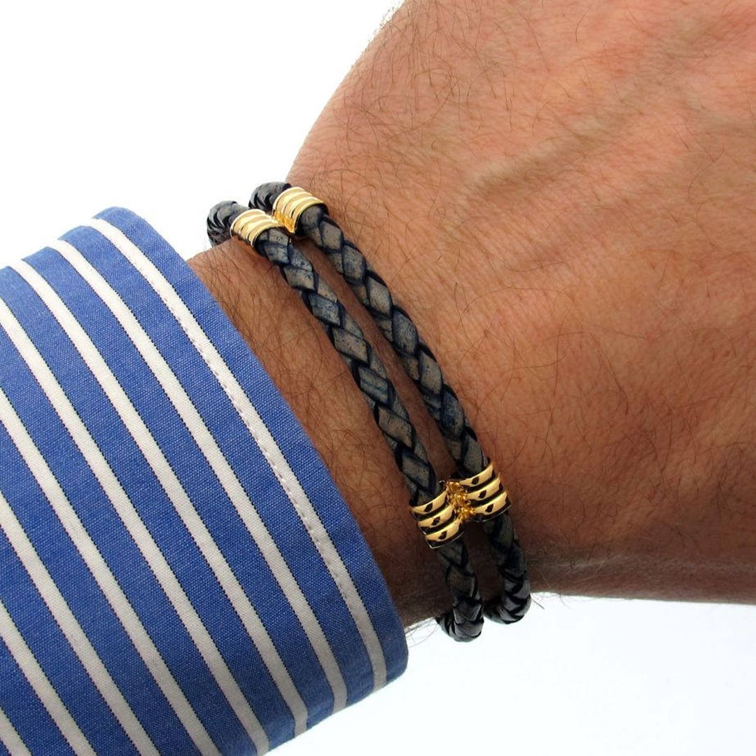 Blue Mens Bracelet Two Layers Mens Bracelet Braided Leather Bracelet ...