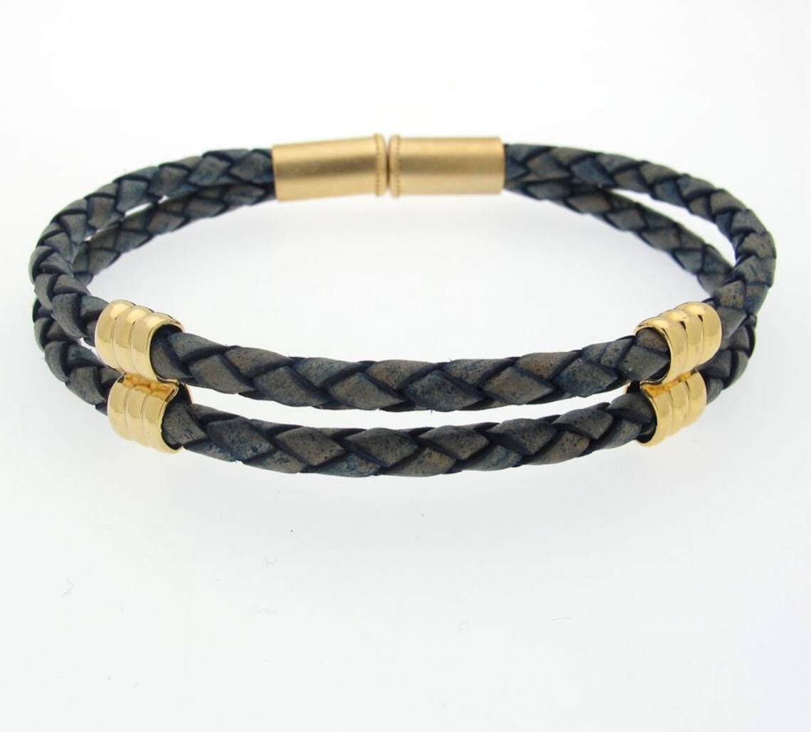Blue Mens Bracelet Two Layers Mens Bracelet Braided Leather Bracelet ...