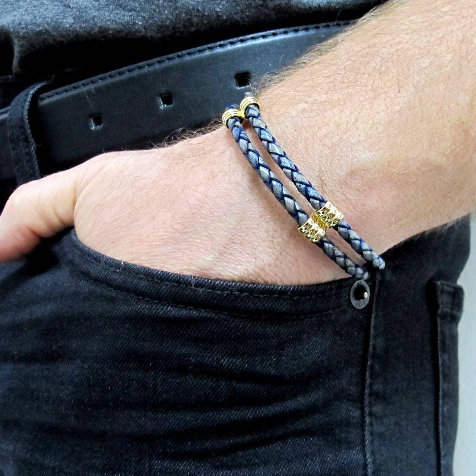 Blue Mens Bracelet Two Layers Mens Bracelet Braided Leather Bracelet ...