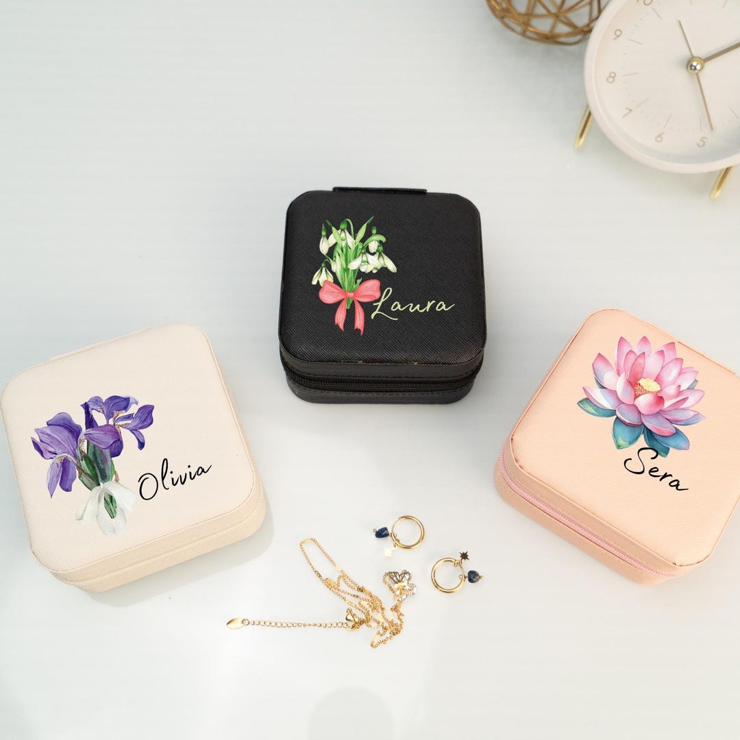 Personalized Birth Flower Jewelry Box Custom Name Engraved PU Leather ...