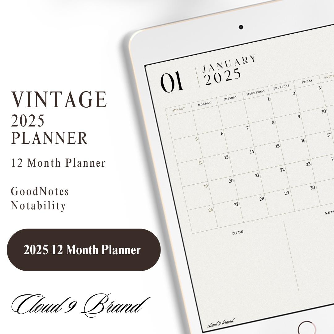 Vintage 2025 Digital Planner | Minimalist 12-month Calendar for ...