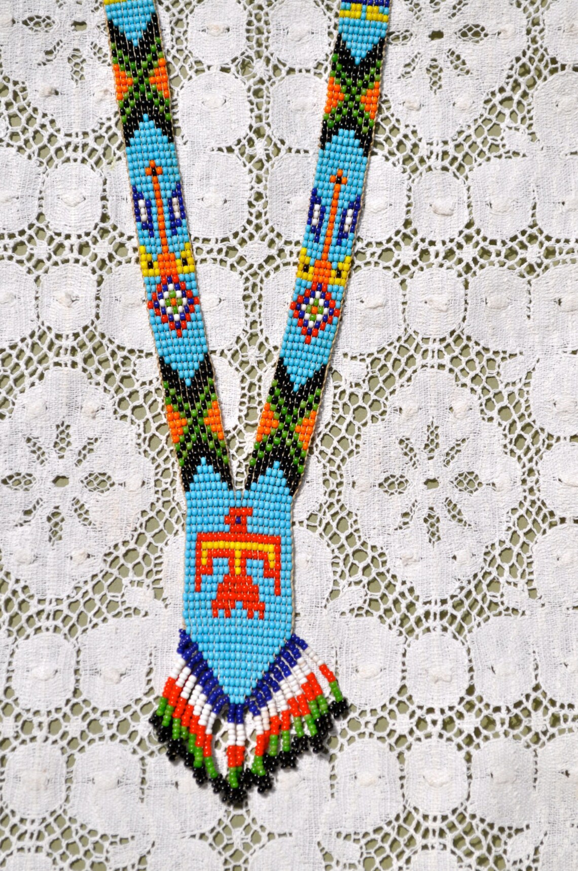 Vintage Native American Bead Necklace with Fringe Bright | Etsy